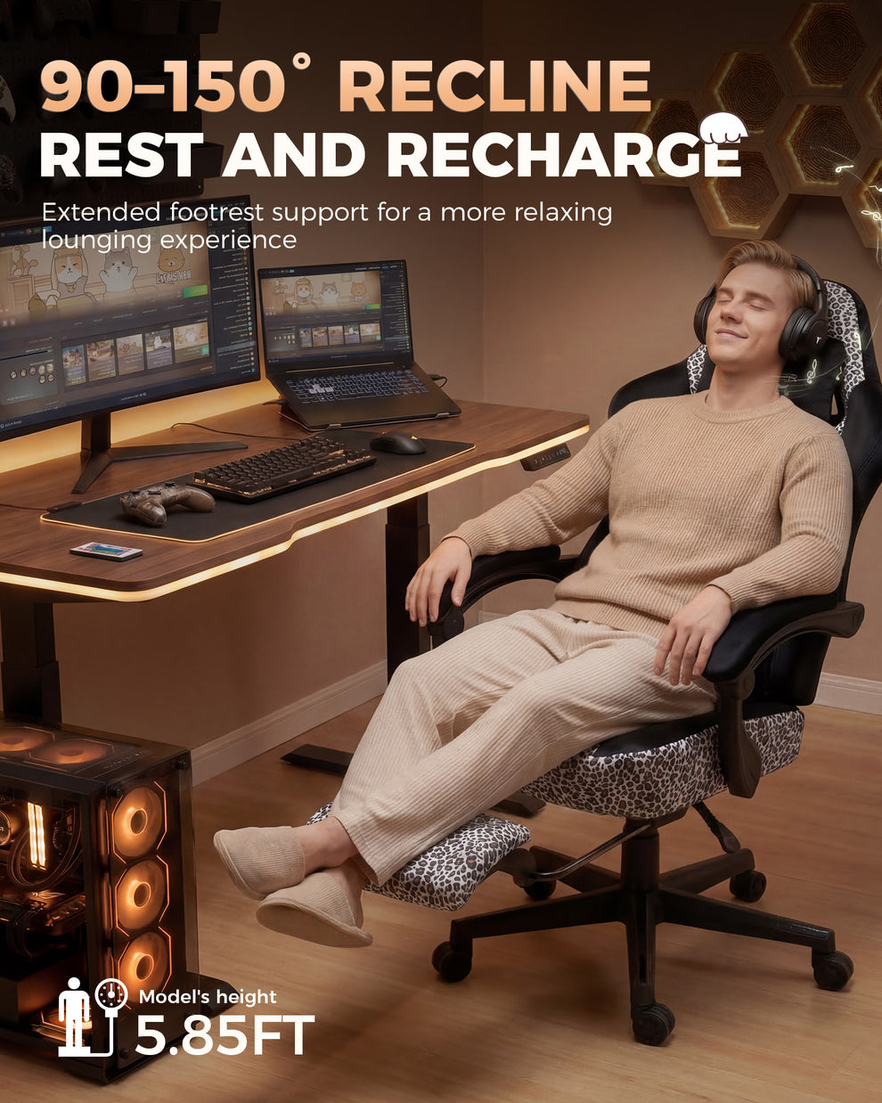 Fabric Gaming Chair with Leopard Print & Linkage Armrests | GTRacing