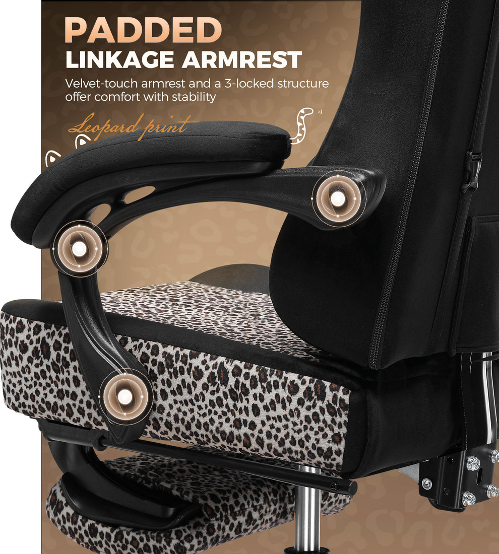 Fabric Gaming Chair with Leopard Print & Linkage Armrests | GTRacing